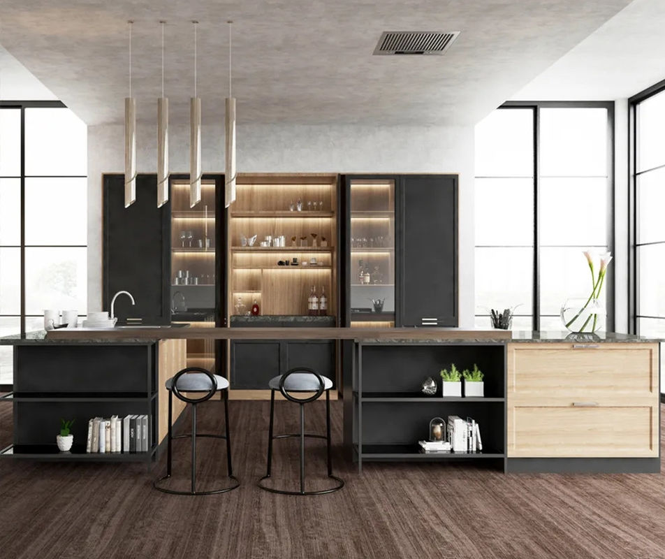 Modern Wooden Open Hotel Kitchen Cabinets Sets Quartz Counter